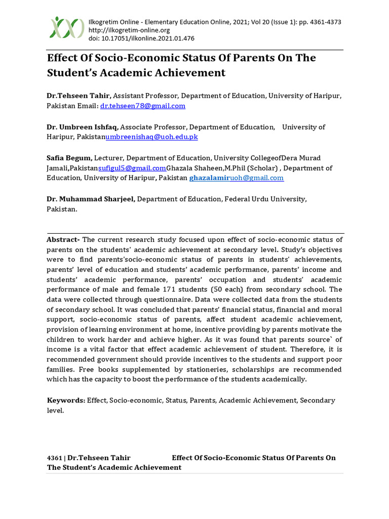 Parental SES & Student Achievement | PDF