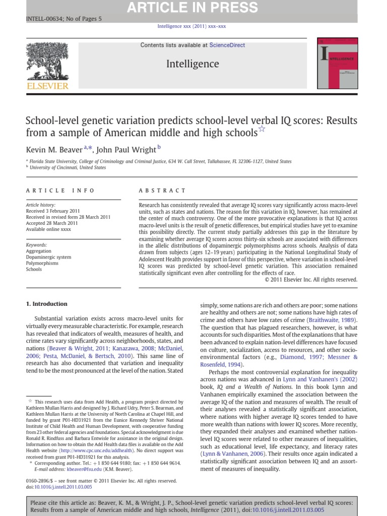 Beaver and Wright 2011 School Level Genetic Variation Predicts School ...