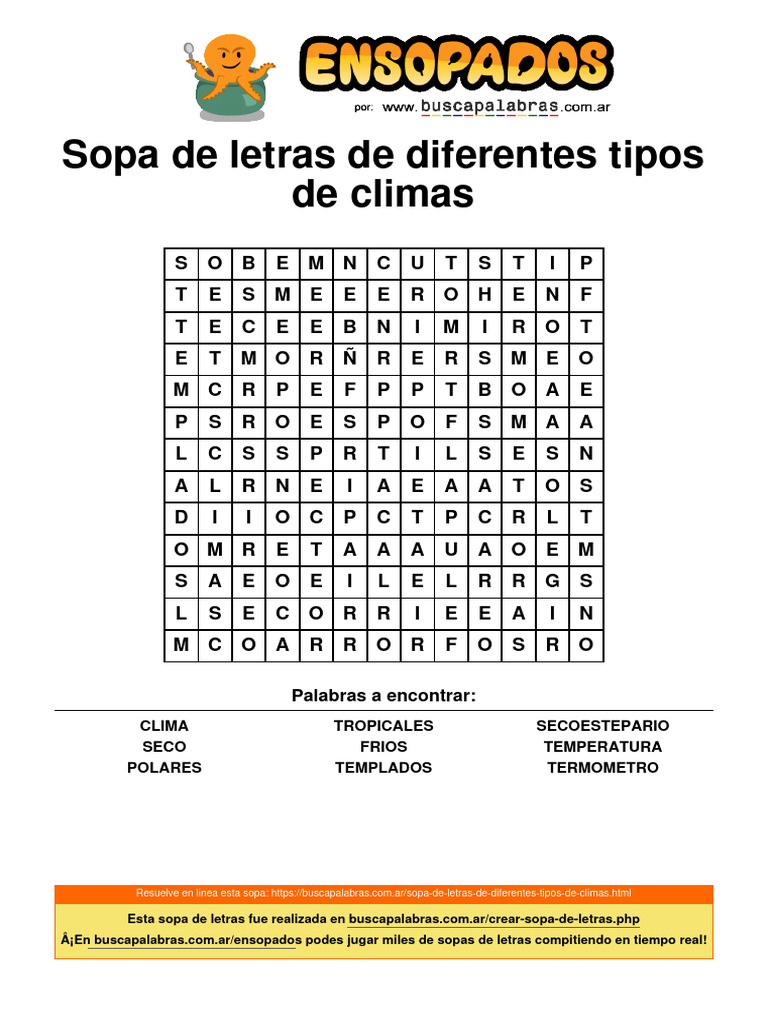 Sopa de Letras de Diferentes Tipos de Climas | PDF