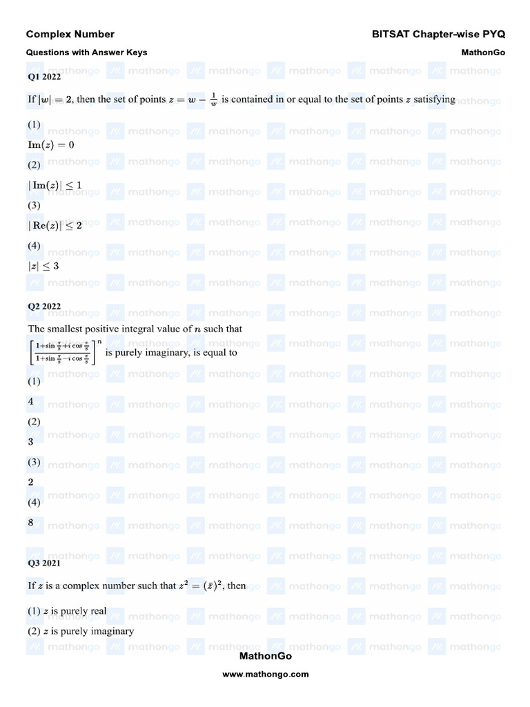 (PDF) BITSAT PYQs - Complex Numbers | PDF
