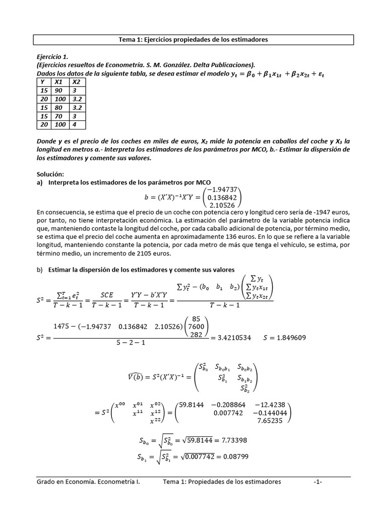 Tema 1 Ejercicios Propiedades de Los Estimadores | PDF | Estimador | Mínimos cuadrados ordinarios