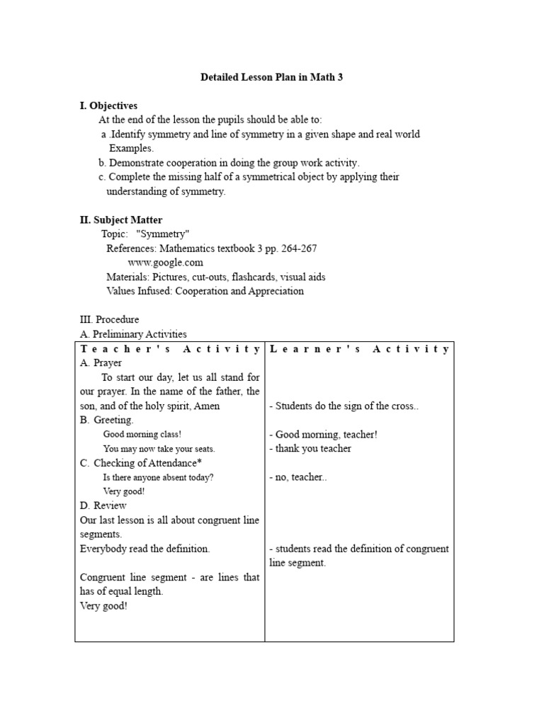 Detailed Lesson Plan in Math 3 Symmetry | PDF | Symmetry | Shape