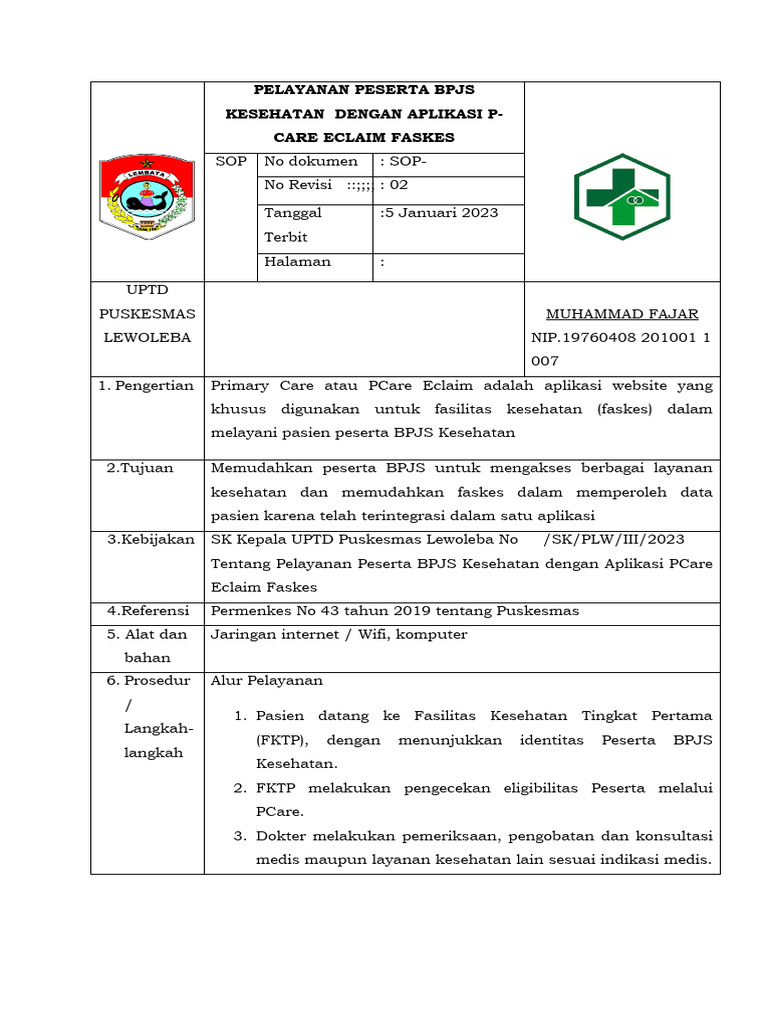 SOP Pelayanan BPJS dengan PCare Eclaim | PDF | Pengelolaan Keuangan & Uang