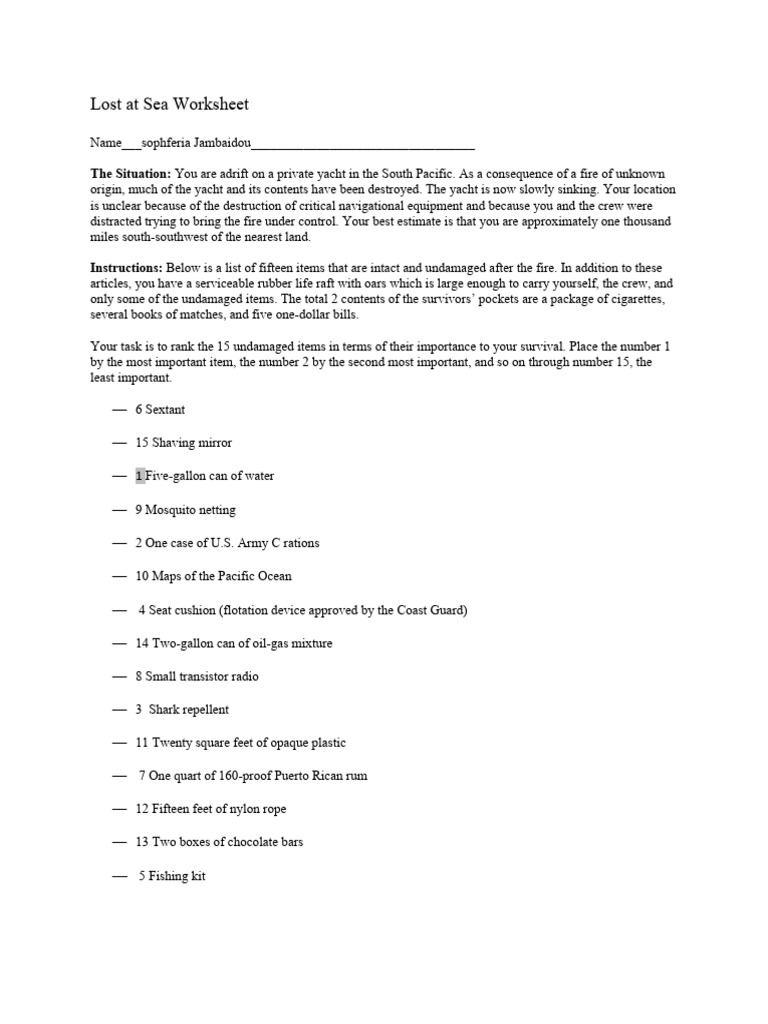 Lost at Sea Worksheet MGT 210 | PDF