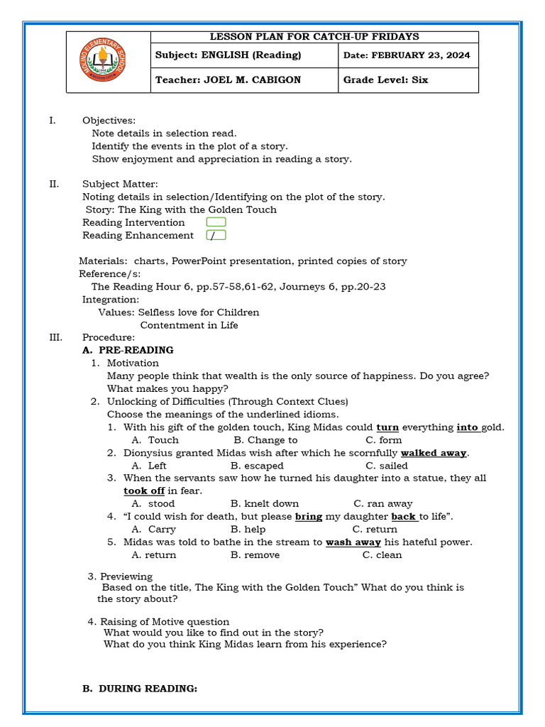 Feb 23 English Reading Lesson Plan Fo Catch Up Fridays | PDF | Dionysus
