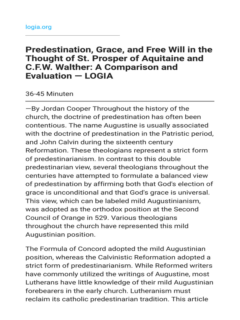 Predestination Grace and Free Will in The Thought of St. Prosper of ...