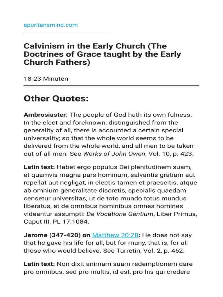 Calvinism in The Early Church (The Doctrines of Grace Taught by The ...