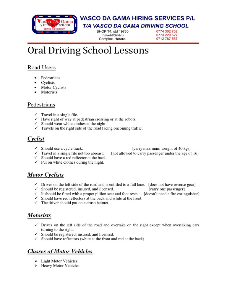 Oral Driving School Lessons 2022 | PDF | Traffic | Driving