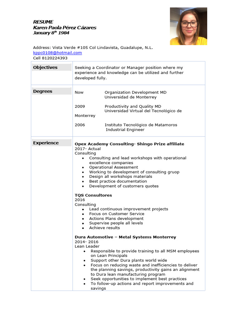 Karen - Perez - Cazares - CV Eng 2018 | PDF | Lean Manufacturing ...