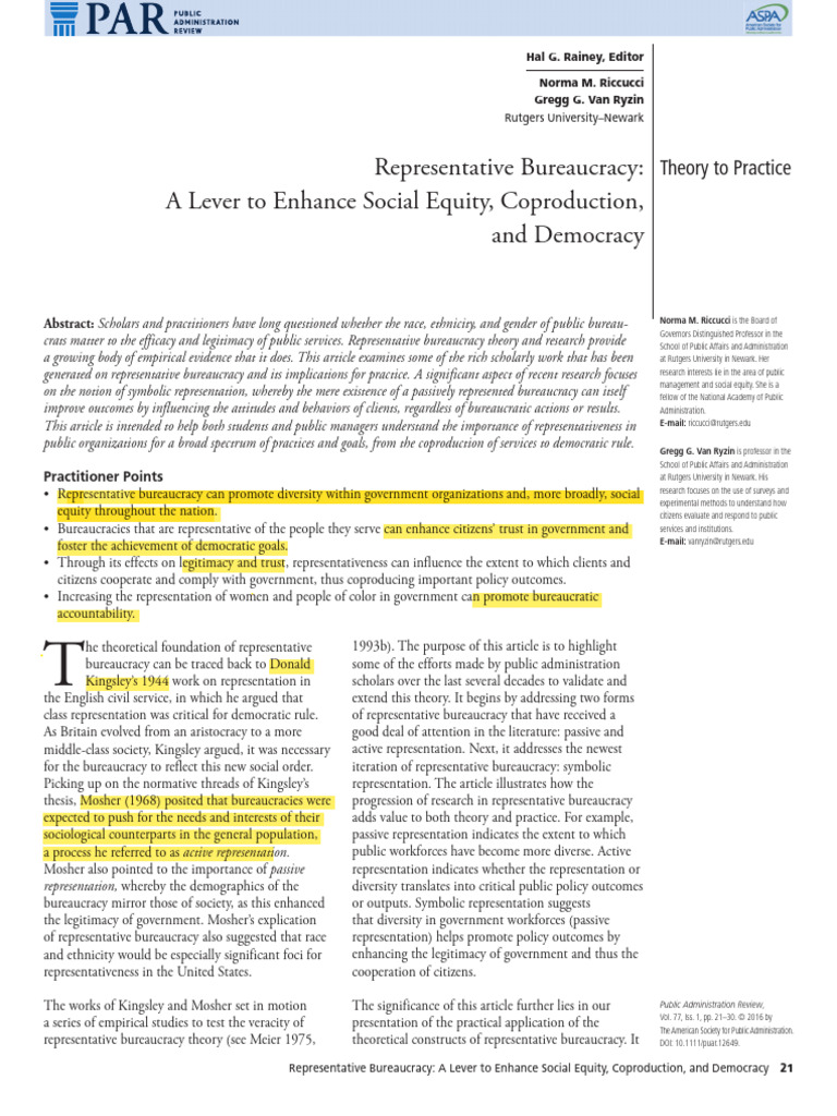 Enhancing Equity Through Representative Bureaucracy | PDF | Bureaucracy ...