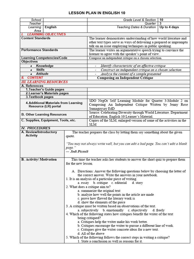 DLP Eng G10 Q3 Melc 3 | PDF | Evaluation | Essays DLP Eng G10 Q3 Melc 3 | PDF | Evaluation | Essays