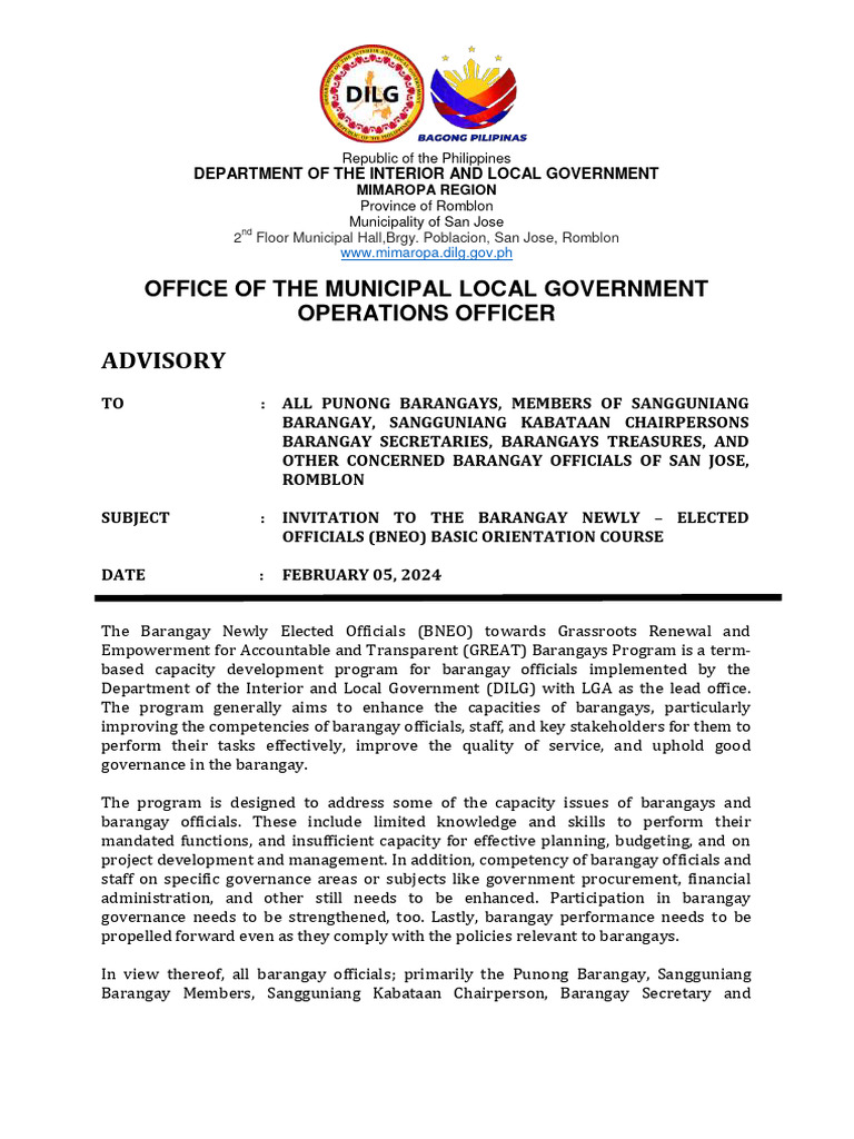 Bneo Basic Orientation Course Invitation Pdf Governance Government