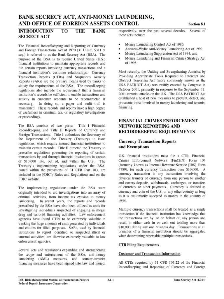 Bank Secrecy Act | PDF | Money Laundering | Banks