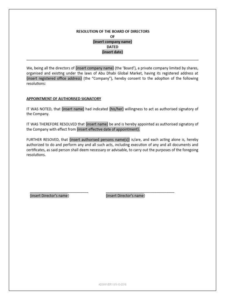 Board Resolution for Authorized Signatory | PDF | Finance & Money ...