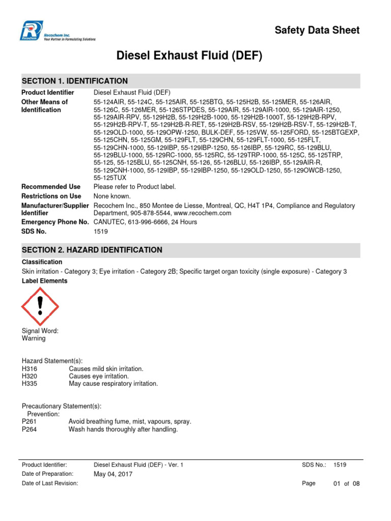Diesel Exhaust Fluid DEF SDS | PDF | Personal Protective Equipment | Toxicity