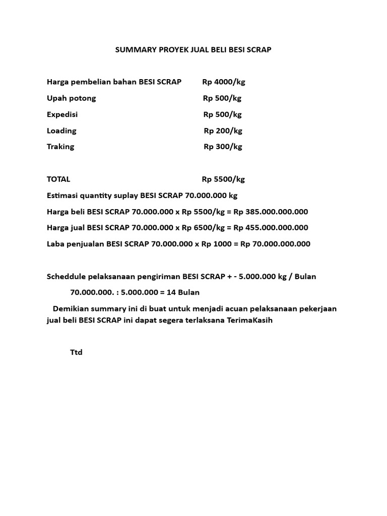 Summary Proyek Jual Beli Besi Scrap | PDF