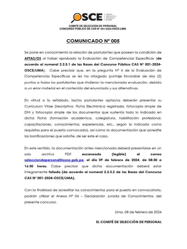 Comunicado N 005 Del Concurso de Cas N 001 2024 Lima | PDF