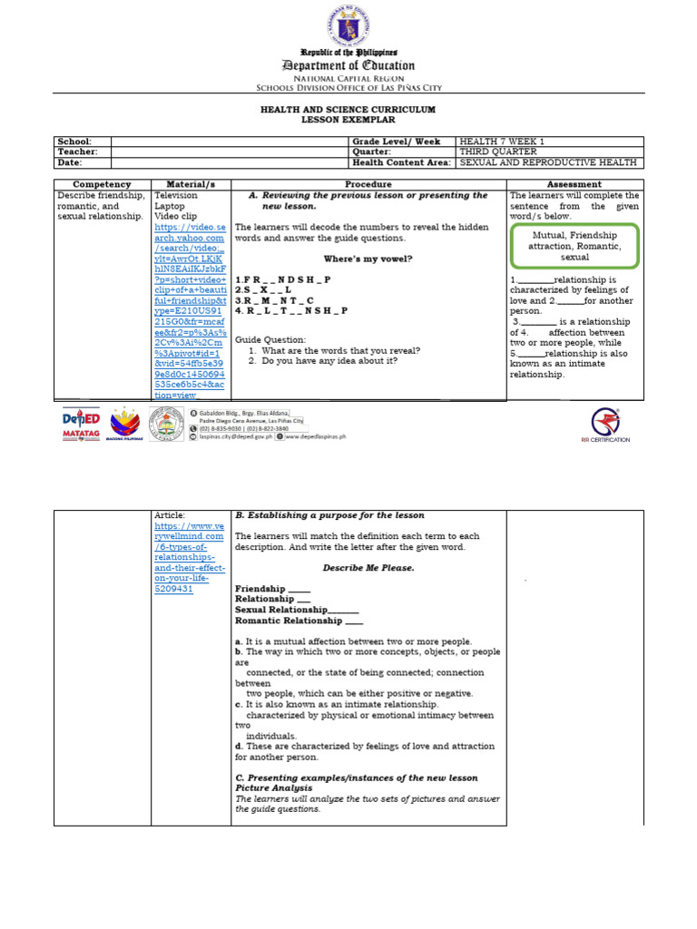 Health 7 WK 1 Final Version | PDF | Romance (Love) | Intimate Relationships