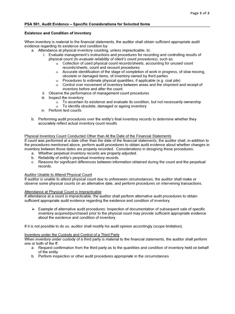 Audit Review - PSA 501 Audit Evidence-Addl Considerations | PDF | Audit ...
