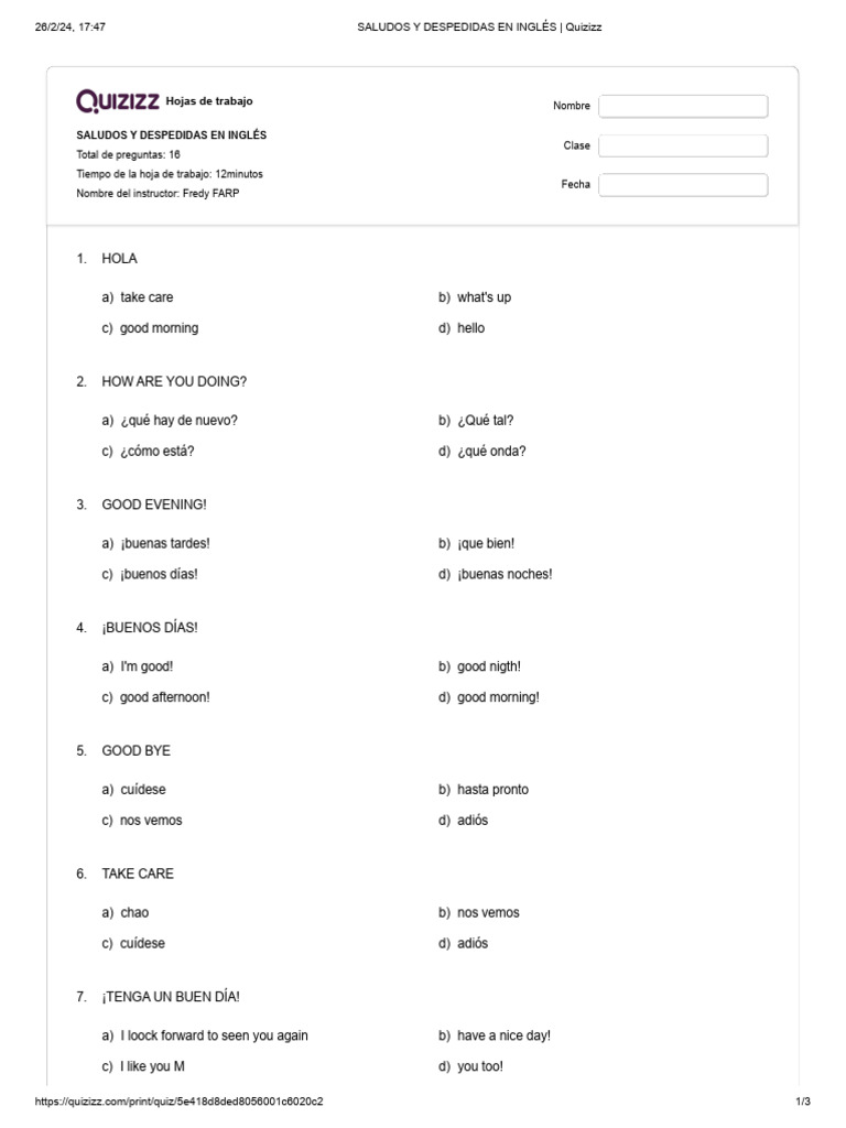 SALUDOS Y DESPEDIDAS EN INGLÉS - Quizizz | PDF