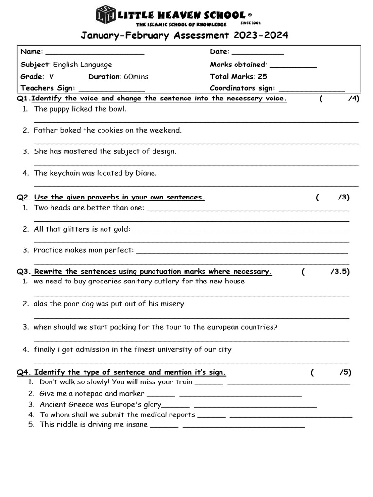 Grade 5 English Language Jan-Feb Assessment 23-24 | Download Free PDF ...