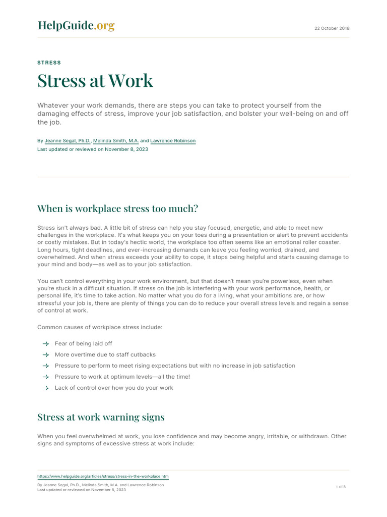 Stress at Work | PDF | Occupational Stress | Sleep