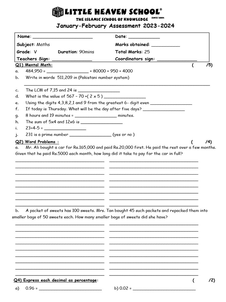 Grade 5 Jan-Feb Math Assessment 23-24 | Download Free PDF | Mathematics | Arithmetic