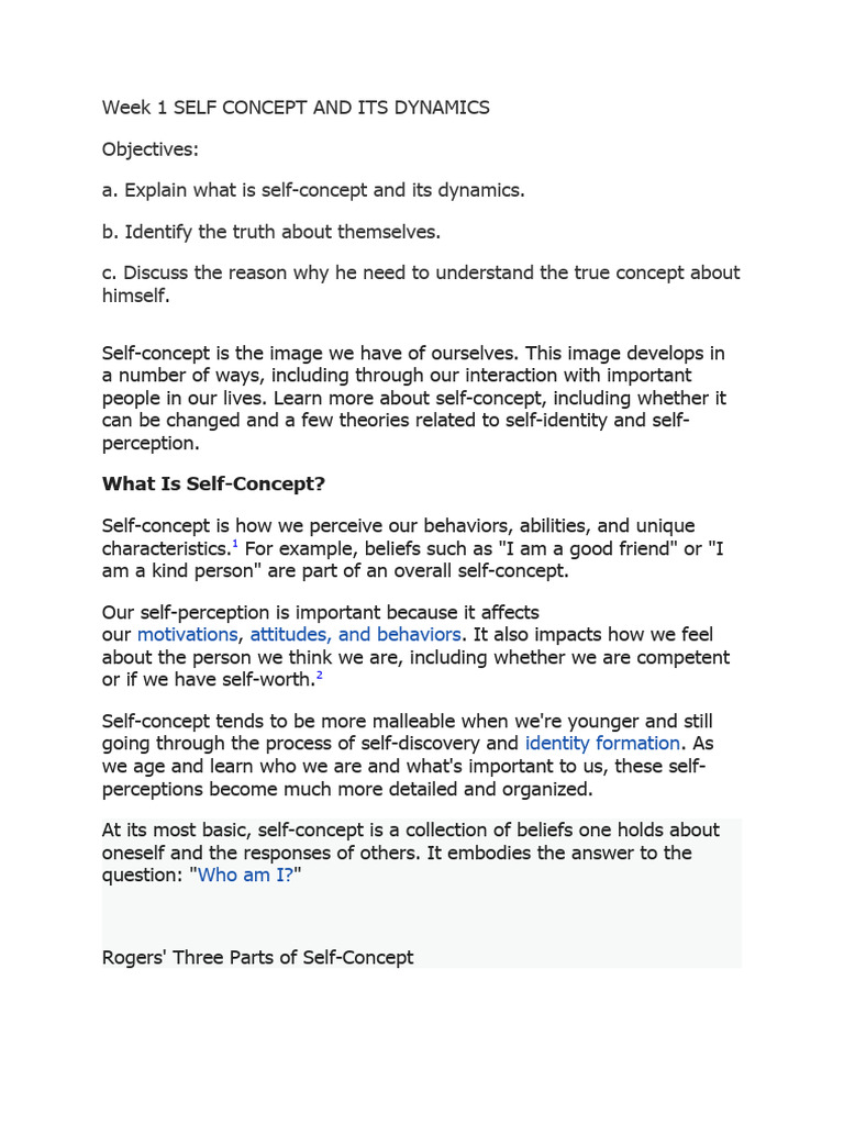 Week 1 SELF CONCEPT AND ITS DYNAMICS | PDF | Self Concept | Social ...
