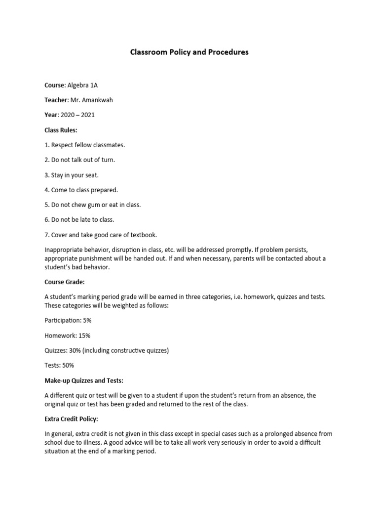 Classroom Policy Algebra 1A 2020 - 2021 | PDF