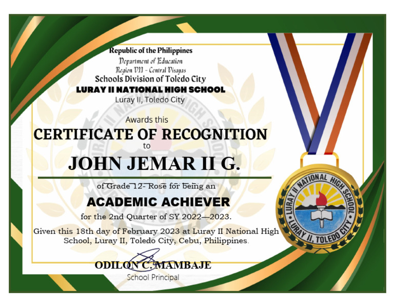 Certificate of Recognition 2nd Quarter Short BP | PDF