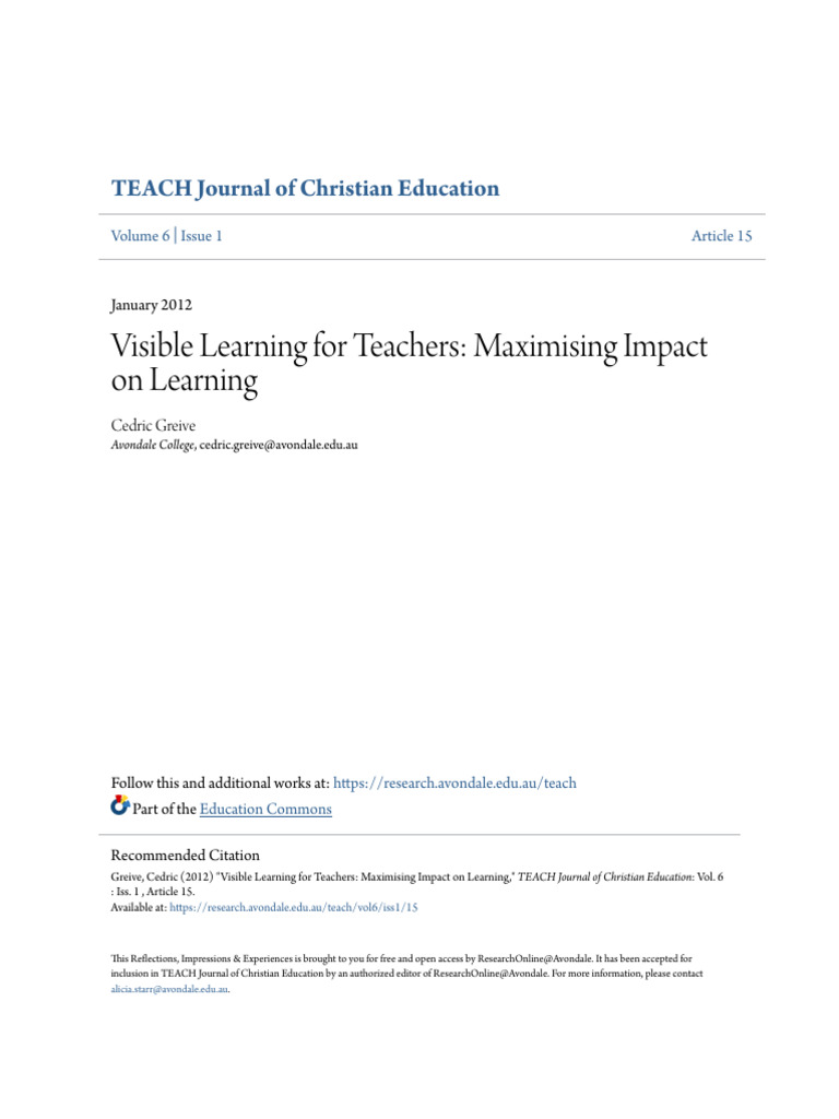 Visible Learning For Teachers Maximising | PDF | Teachers | Faith