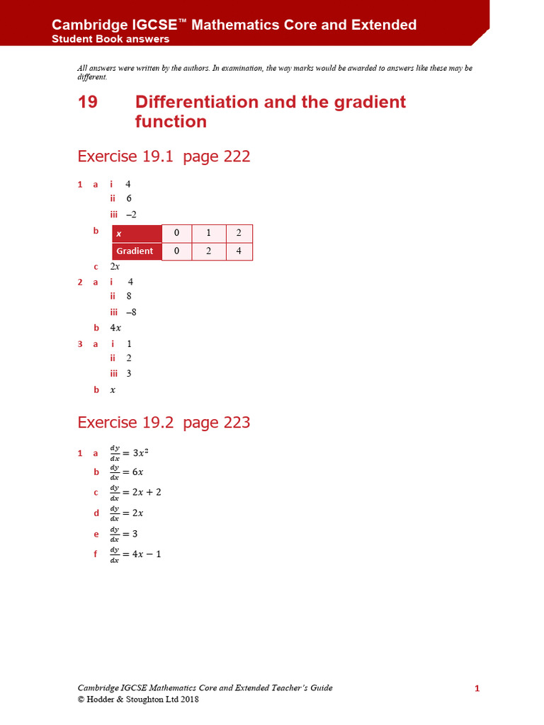 Ch 19 Differentiation And The Gradient Function Answers Pdf Mathematical Objects Applied