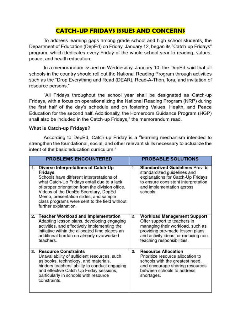 Issues and Concerns - Catch Up Fridays | PDF | Teachers | Curriculum