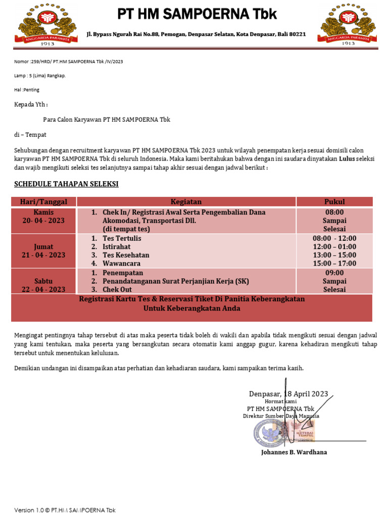 Surat Panggilan Interview PT HM SAMPOERNA | PDF