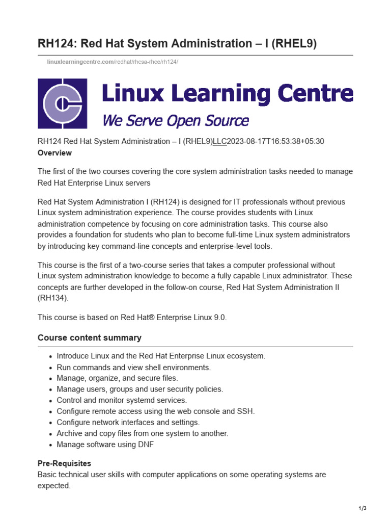 RH124 Red Hat System Administration I RHEL9 | PDF | Linux | System Administrator