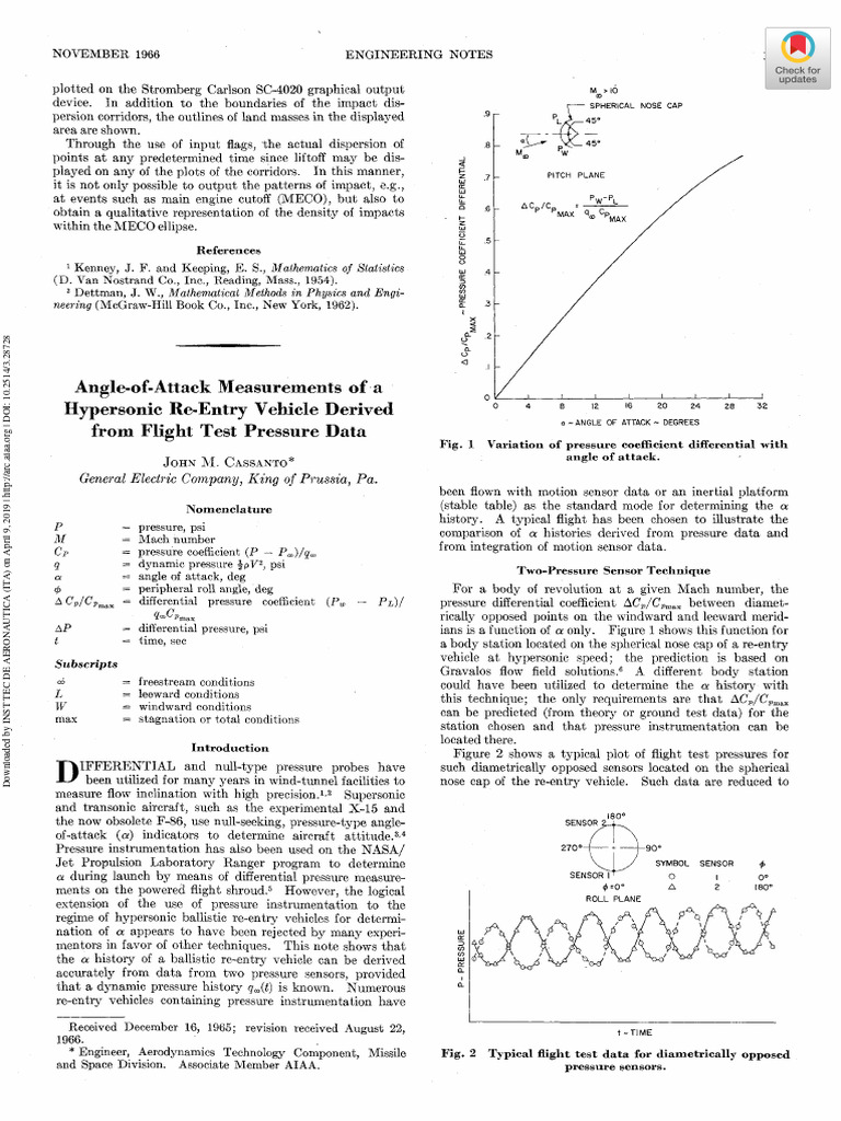 CASSANTO, J M. Angle-of-Attack Measurements of A Hypersonic Re-Entry Vehicle Derived From Flight ...