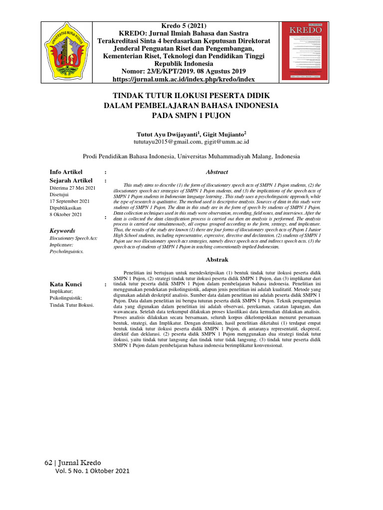 Dwijayanti Mujianto - Jurnal Tindak Tutur Ilokusi Peserta Didik Dalam Pembelajaran | PDF ...