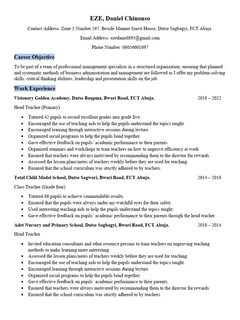 EZE DANIEL CHINONSO Resume | PDF | Teachers | Cognitive Science