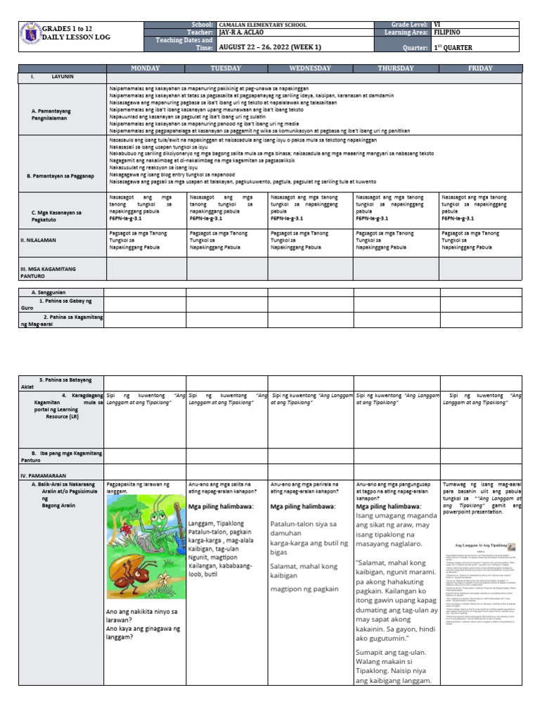 Aclao-Sample-Dll Filipino-6 Q1 W1 | PDF