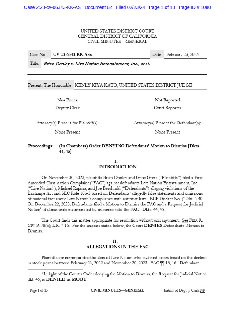 Donley v. Live Nation | PDF | Sec Rule 10b 5 | Ashcroft V. Iqbal