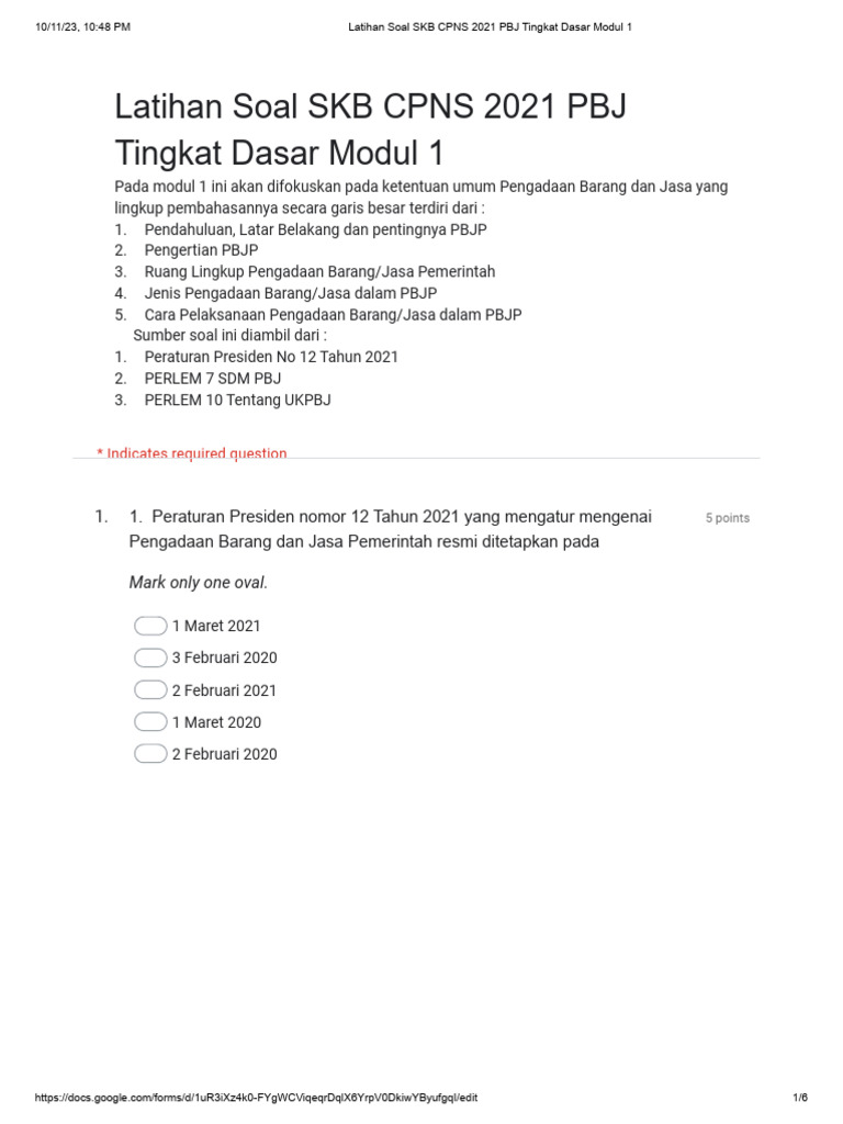 Latihan Soal SKB CPNS 2021 PBJ Tingkat Dasar Modul 1 - Google Forms | PDF | Karier ...