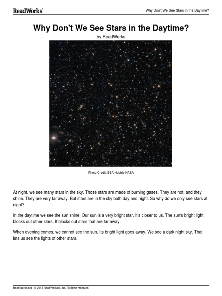 Readworks Grade 1 - Why Dont We See Stars in Daytime | PDF | Sky | Stars