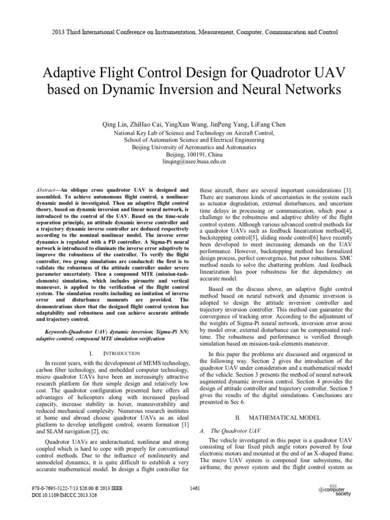 Adaptive Flight Control Design For Quadrotor UAV Based On Dynamic Inversion and Neural Networks ...