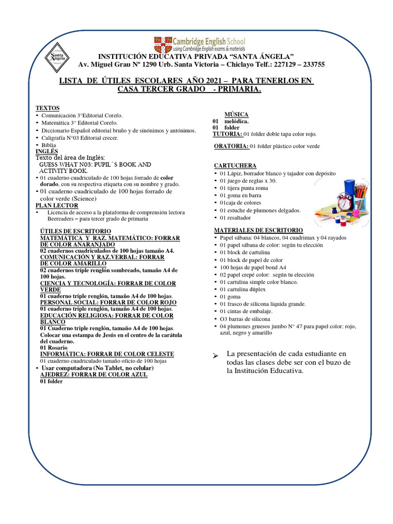 Lista Utiles 2021 Primaria 3ero | PDF