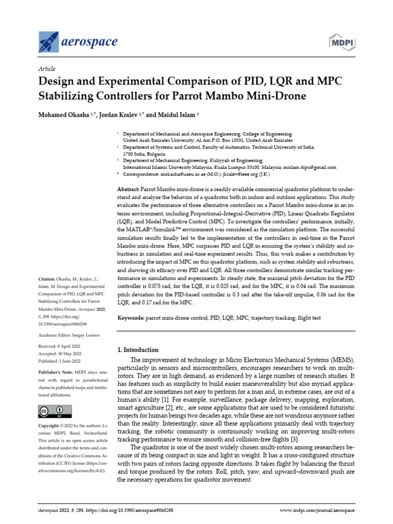 Design and Experimental Comparison of PID, LQR and MPC Mambo | PDF | Control Theory | Rotation ...