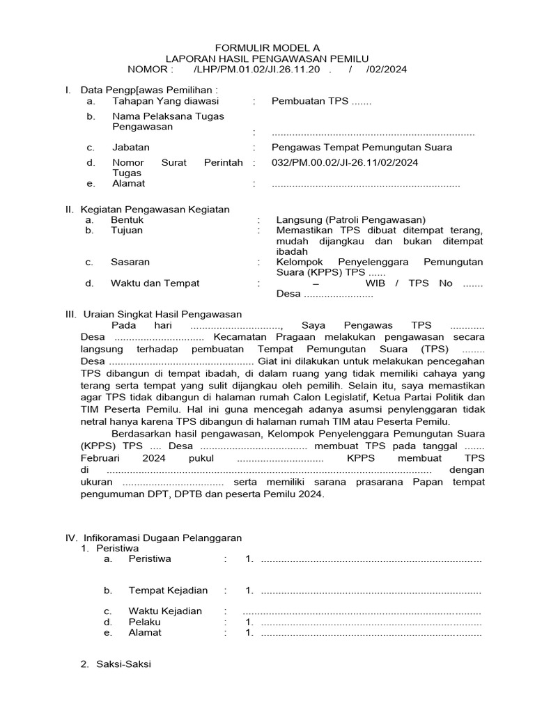 Formulir-A Pengawasan Pembuatan TPS - Sesuai Prosedur | PDF