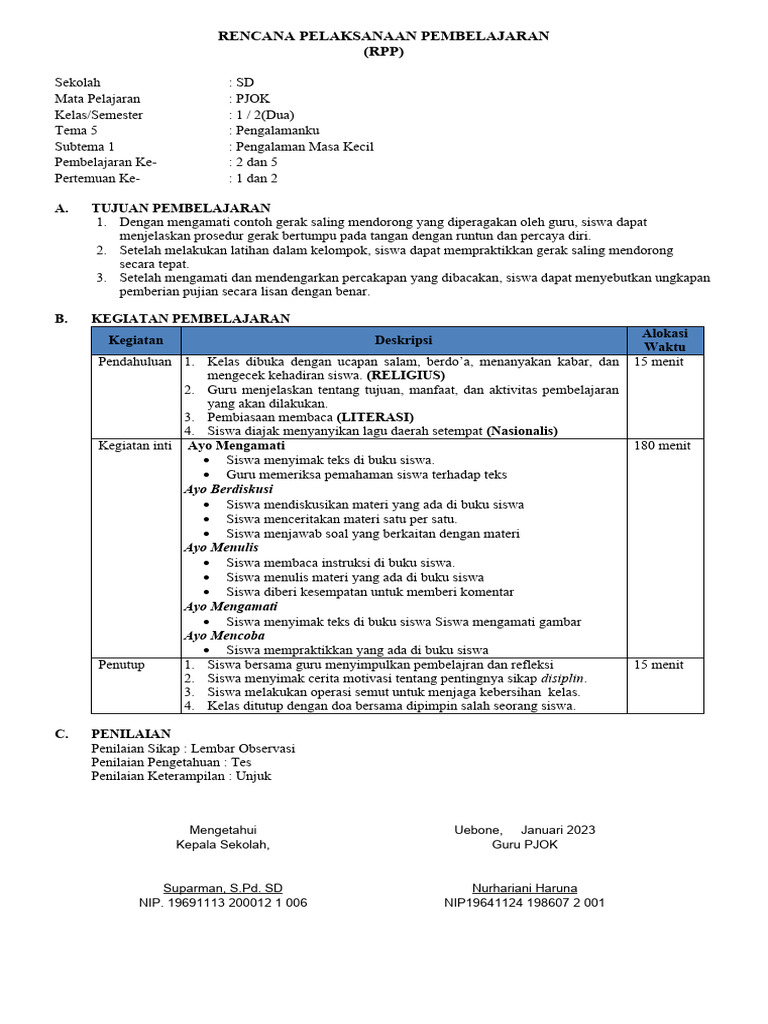 RPP 1 Lembar PJOK Kelas 1 TEMA 5 | PDF | Karier & Perkembangan