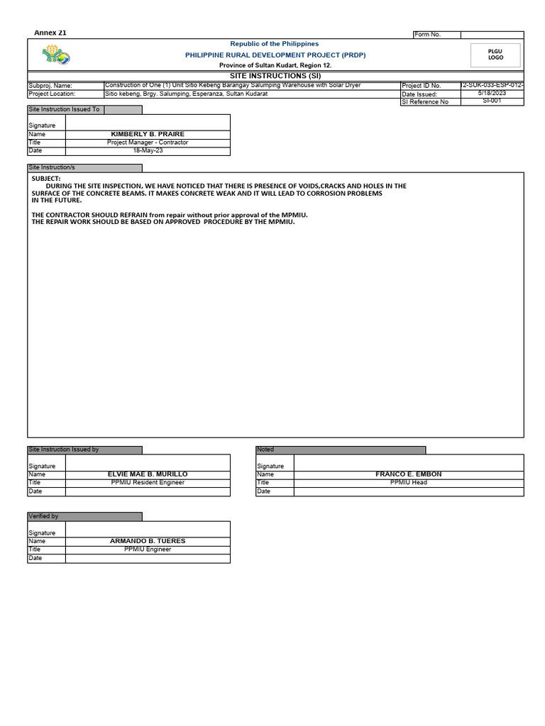 Construction Site Instruction Form | PDF