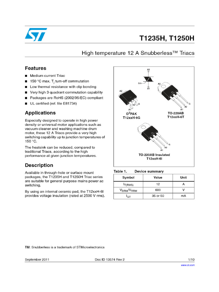 T1250H - TRIAC - 12A 600V - 50ma | PDF