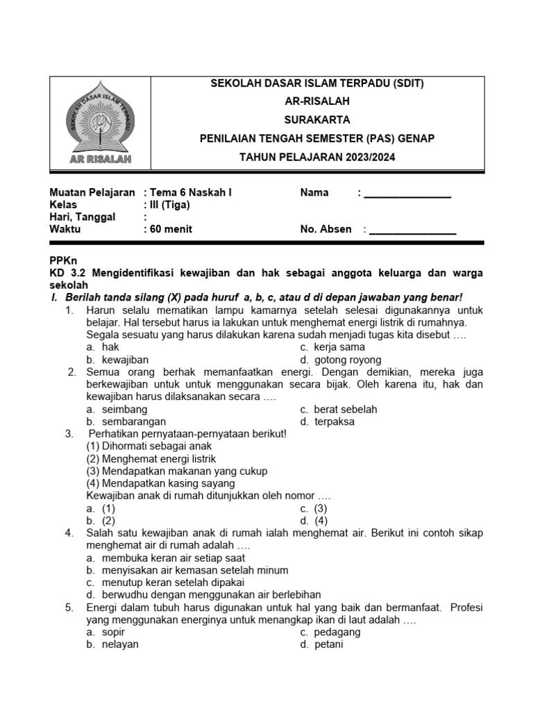 1 - Soal PTS Genapl Tema 6 Naskah 1 Kls 3 TP 2023-2024 | PDF | Kesehatan Holistik | Teknologi ...